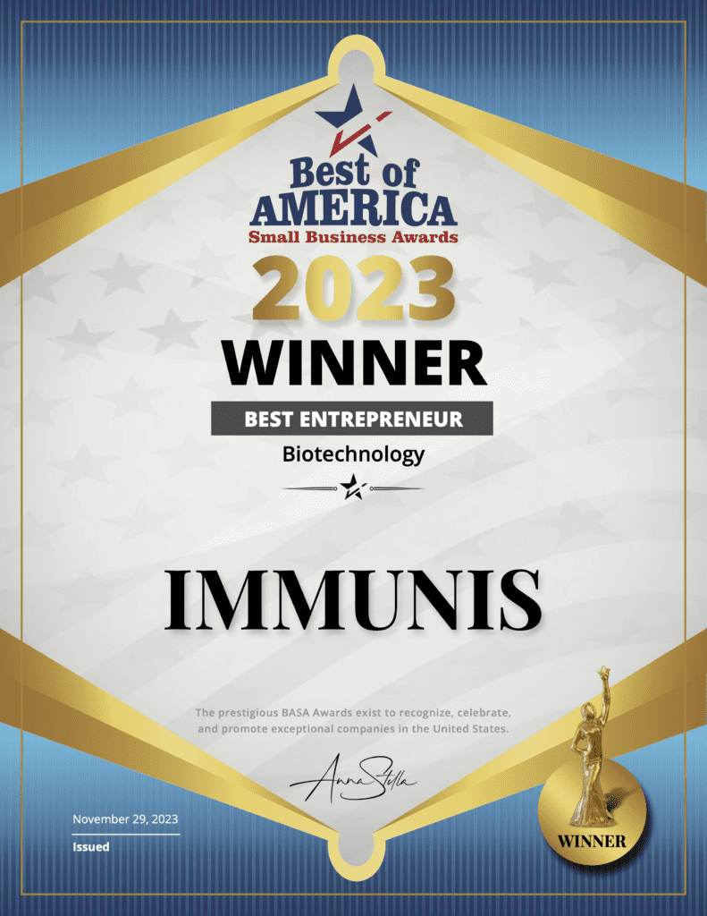 Immunis Wins Two BASA Biotech Awards: “Best Small Business” and “Best ...